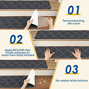 RIOLAND Stair Treads Carpet Non-Slip Indoor 15 PCS Wood Stair Treads Rugs Anti Moving Modern Stair Runners Safety for Kids Dogs, 8" X 30", Diamond Gray