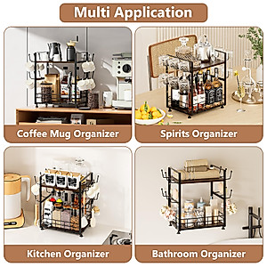 PONEYA 2 Tier Coffee Bar Organizer for Countertop, Coffee Mug Holder with 12 Hooks, Space-Saving Coffee Cup Stand for Storage Cups, Mugs, Syrups, Tea Bag, Kitchen Home Accessories