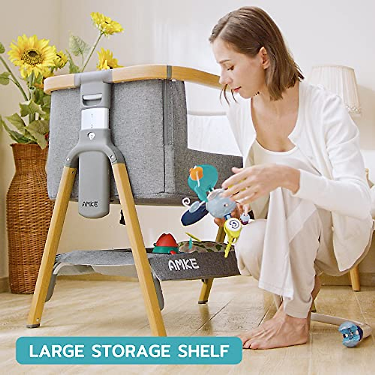 AMKE Baby Bassinets,Bedside Sleeper for Baby,35s Quick Assemble Baby Crib with Storage Basket,Portable Bassinets for Safe Co-Sleeping, Adjustable Baby Bed for Infant Newborn