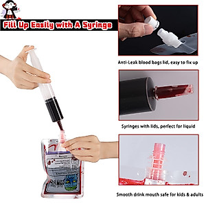 Halloween Blood Bags Party Supplies - 40PCS Blood Bags for Drinks 30 Reusable Drink Pouches+5 Syringes+5PCS Bloody Tattoos, Blood Bags for Vampire Zombie Costumes Halloween Party Favors Decorations