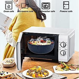 UUEMB Extra Large Salad Bowl, 2800ml Ceramic Fruit Bowl, Stylish Navy Blue Bowl Round Vertical Stripe, Soup Bowl, Serving Bowl for Salad, Fruit, Noodle, Soup(23.5x8.8cm, 95oz)