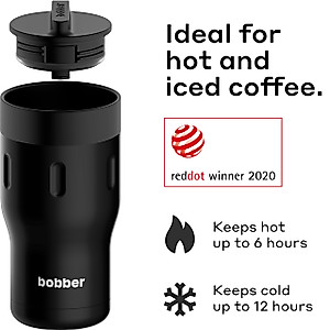 BOBBER - 12 OZ Vacuum Insulated Stainless Steel Portable Travel Coffee Mug With 100% Leakproof Locked Lid (Black Coffee)