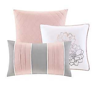 Madison Park Lola 100% Cotton Quilt Set - Casual Floral Channel Stitching Design, All Season, Lightweight Coverlet Bedspread Bedding, Shams, Decorative Pillows, King/Cal King(104"x94"), Blush 6 Piece