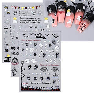 JMEOWIO 12 Sheets Halloween Nail Art Stickers Decals Self-Adhesive Pegatinas Uñas Skull Ghost Witchy Spider Web Bat Pumpkin Spook Nail Supplies Nail Art Design Decoration Accessories