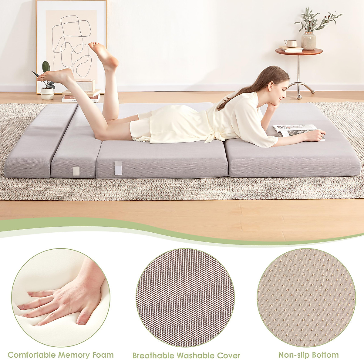 Lazyzizi Foldable Mattress 4Inch Folding Mattress Fold Out Floor Sofa Bed for Adults, Camping, Guest, with Headrest, Breathable & Washable Cover (Queen)