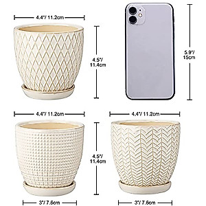 Oairse 4 inches Ceramic Planter Pots 3 Set of Small Round Flower Pots with Drainage Hole and Ceramic Tray for Succulents Cactus Indoor Outdoor Garden Home Windowsill