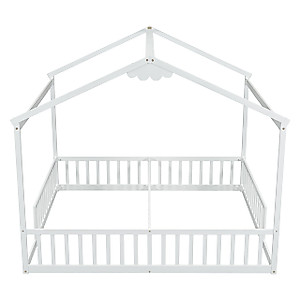 Luckiofvonne Double Twin Bed Frames for Kids, Twin House Bed for 2, Wood Montessori Floor Beds Frame with Fence Railings, Two Shared Beds for Boys Girls Teens, White