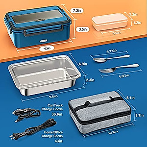 PHIPRIME Electric Lunch Box 80W Fast Heating, 61oz X-Large Heated Lunch Box for Adults with Salad Box, Fork & Spoon, 2 Leak-proof Lids, Dishwasher Safe Self Heating Lunch Box for Work