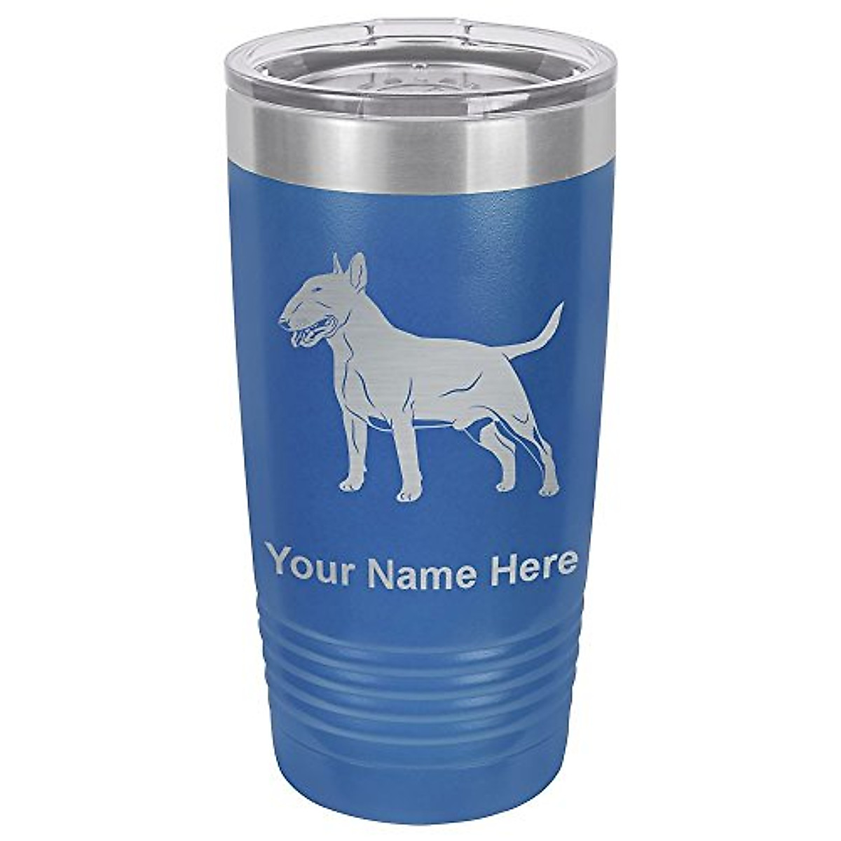 LaserGram 20oz Vacuum Insulated Tumbler Mug, Bull Terrier Dog, Personalized Engraving Included (Dark Blue)