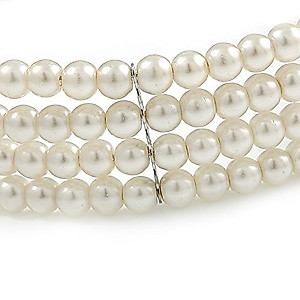 4 Row Light Cream Faux Glass Pearl Rigid Choker Necklace with Silver Tone Closure - 38cm L/ 5cm Ext