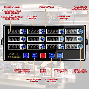 12 Channels Commercial Kitchen Timer Digital Display with Loud Alarm Adjustable Cooking Reminder for Home Restaurant, Multiple Channels for Twelve Multi-Event, Waterproof Fryer Turkey Timer, Black