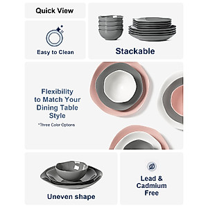 LE TAUCI Dinnerware Sets 12 Piece, Serve for 4, Ceramic Plates and Bowls Set (10" Dinner Plates + 8" Salad Dish + 22 oz Bowl) x 4, Suit For House Warming Wedding, Dishwasher Microwave Oven safe - Grey