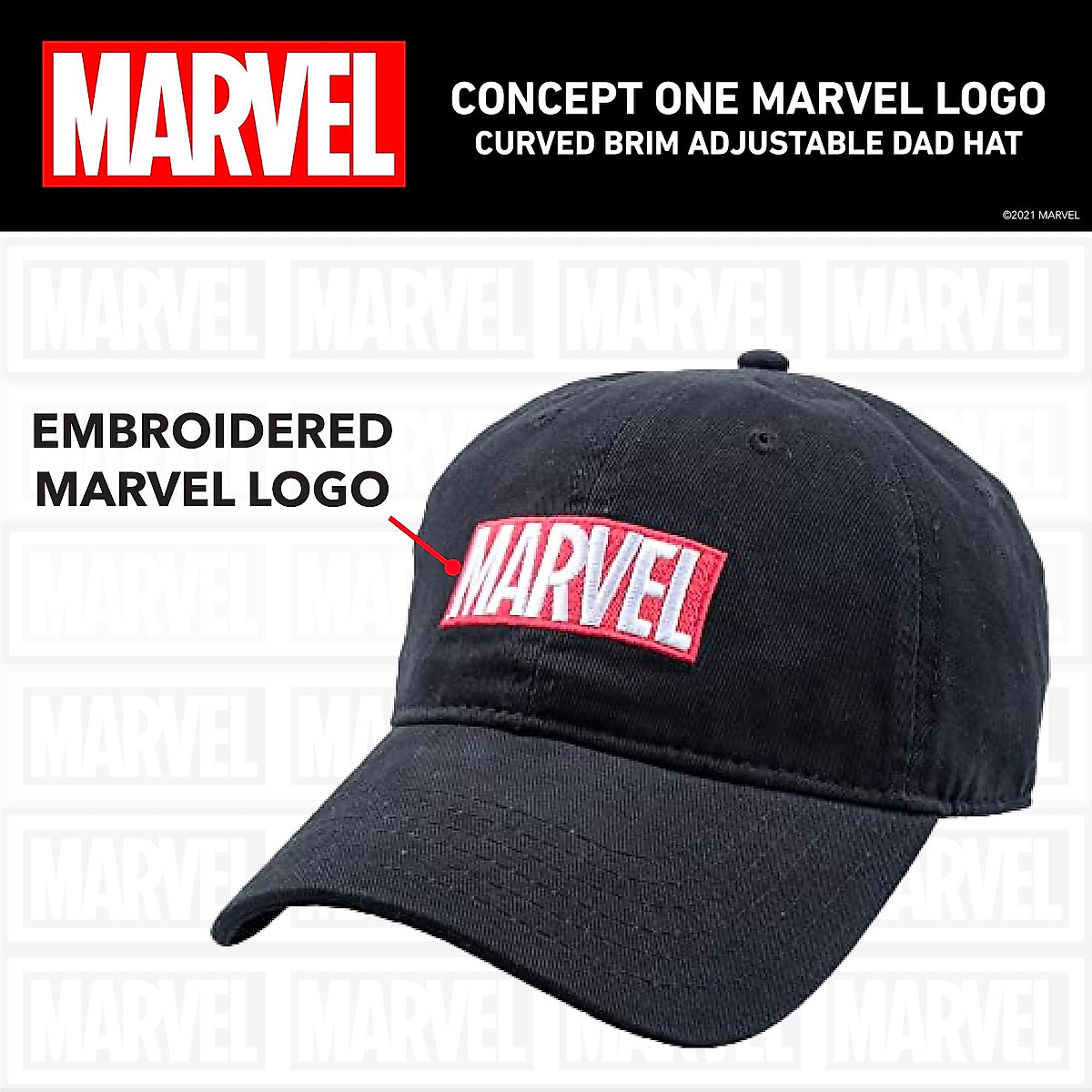 Marvel Logo Cotton Adjustable Dad Hat, Black, One Size