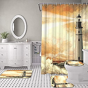 SiMiWOW Lighthouse Shower Curtain Set with Rugs,Nautical Ocean Lighthouse Rugs Bathroom Decor Sets