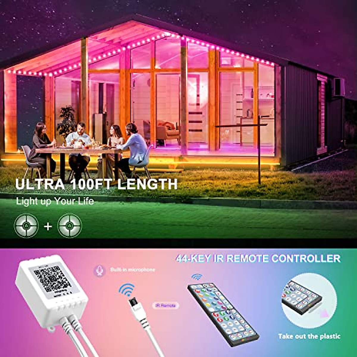Nexillumi 100ft LED Strip Lights with IR Remote Ultra-Long LED Lights for Bedroom, Dorm, Room Decor App Control Music Sync LED Lights (100Ft APP+ Remote+ Mic Control)
