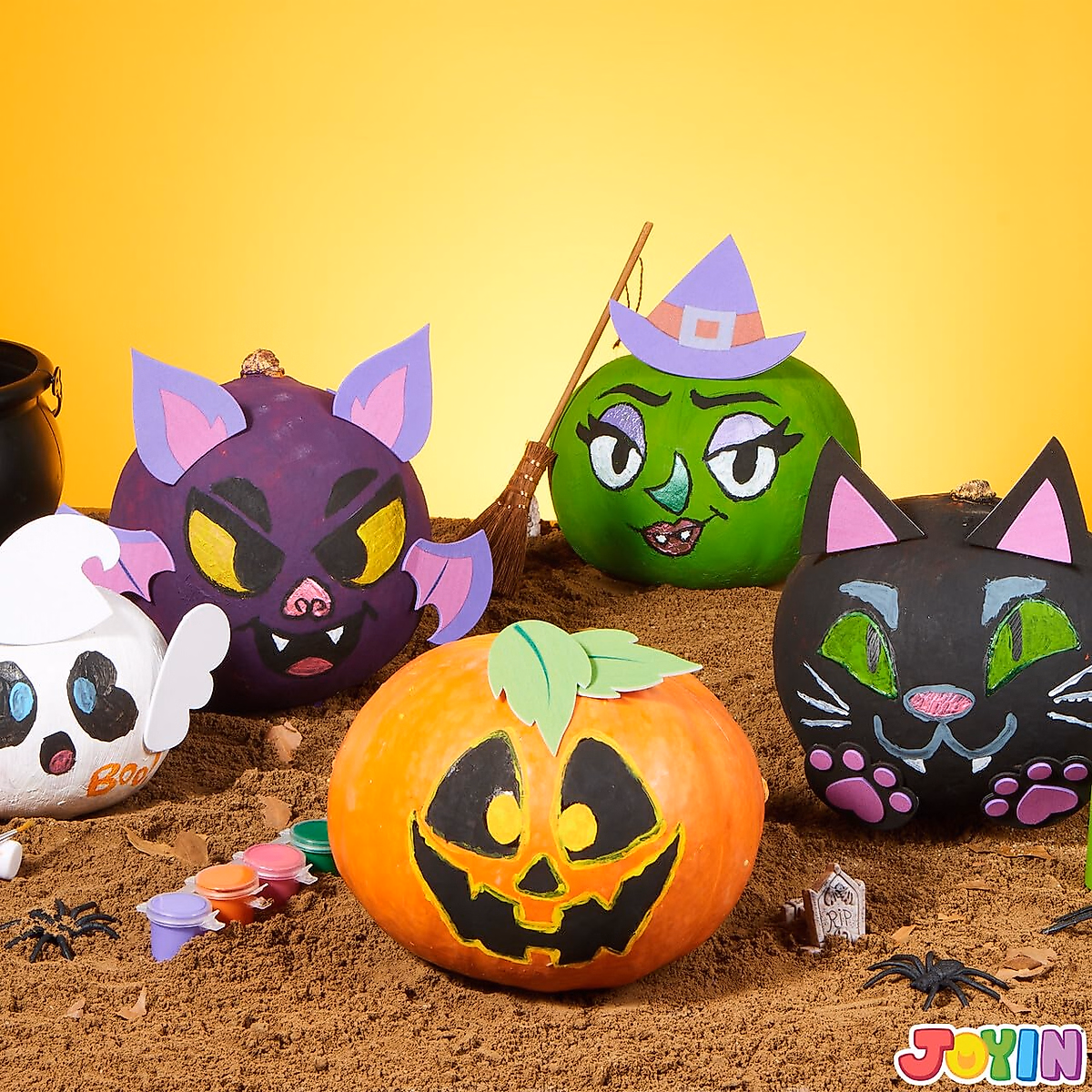 Klever Kits Halloween 3D Pumpkin Decorating Kit, Glowing in The Dark Pumpkin Painting Craft Kit with 9 Halloween Character Designs, Halloween DIY Coloring Arts & Crafts with Foam Stickers