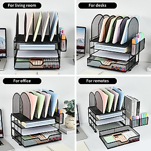 ORDROLL Desk Paper Organizers and Accessories - 4-Tier Paper Letter Tray Organizer with File Holder,Drawer and 2 Pen Holders,Desk Accessories & Workspace Organizers for Office,School,Home (Black)