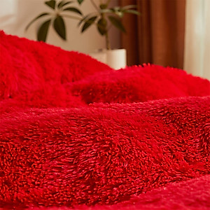 Shaggy Duvet Cover 5 Set, Fluffy Faux Fur Red Comforter Set Queen - Plush Ultra Soft Crystal Velvet Fluffy Red Bedding, Red Furry 5 Sets Pieces Queen Bed Set(Full/Queen, Red)