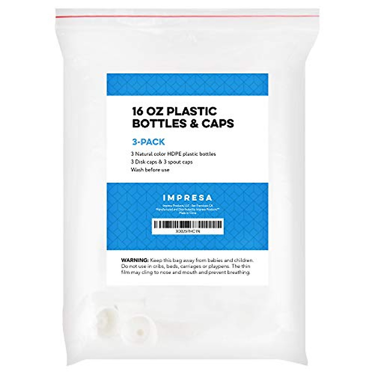 IMPRESA 3 Pack 16oz Plastic Bottle with 6 Caps in 2 Styles - BPA Free Latex-Free, Food-Grade, Great for Shampoo, Body Wash, Sauce and More