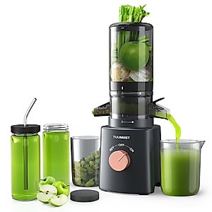 Cold Press Juicer with 8 Juice Bottles - Masticating Juicer Machines for Fruits and Veggies, 4.25" Large Feed Chute, Easy to Clean