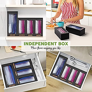 Bamboo Ziplock Bag Storage Organizer for Kitchen Drawer, 4 Separate Food Storage Bag Organizer, 12x14" Baggie Organizer Dispenser for All Brands Gallon, Snack, Sandwich & Quart Slider Bags Black