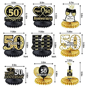 8pcs 50th Anniversary Decorations Table Honeycomb Centerpieces Party Supplies, Happy 50th Wedding Anniversary Table Sign, Black Gold 50 Year Anniversary Theme Decor