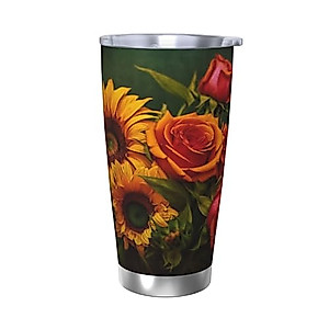 EKPRAVDKTF Sunflower And Rose 20oz Insulated Stainless Steel Tumbler With Lids And Straws, Double Wall Vacuum Travel Coffee Mug, Thermal Cup For Cold & Hot Drinks, Reusable Metal Straw & Brush