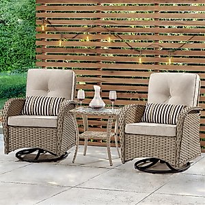 MeetLeisure Patio Swivel Glider Wicker Chairs - Outdoor Swivel Rocking Chairs Set of 2 with Wicker Side Table, Outdoor Swivel Rocker Chair Set 3 Piece Patio Furniture Set(Natural Color/Beige)