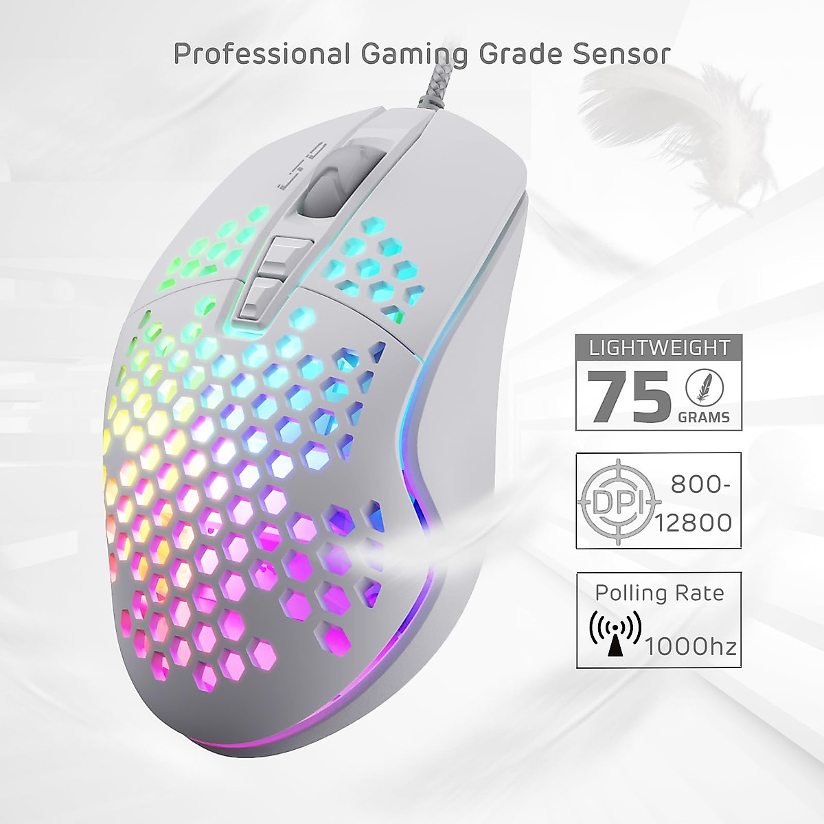 LTC Circle Pit HM-001 RGB Gaming Mouse with 2 Side Buttons, Lightweight Honeycomb Shell, Adjusted 12800DPI, 7 Programmable Buttons, Software Support, White