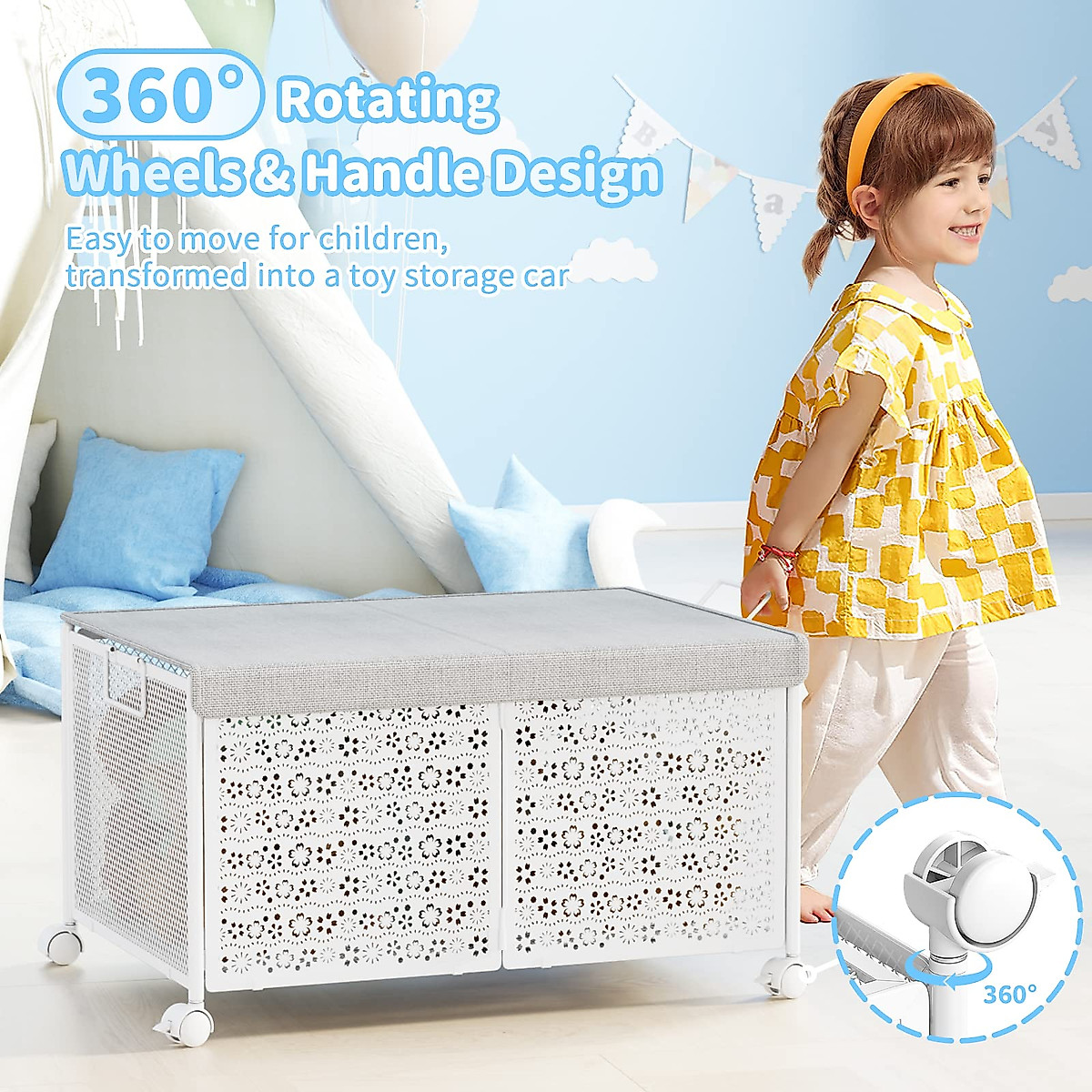 PHINOX Toy Box Storage, Toy Chest Toy Organizers and Storage Bins, Large Toy Box for Boys Girls, 70L Toy Storage Organizer with Wheels, Collapsible Metal Kids Toy Storage for Nursery, Playroom(White)