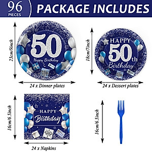 96 Pcs 50th Birthday Party Supplies Navy Blue and Silver Birthday Plates 50th Birthday Paper Tableware Happy Birthday Party Plates and Napkins Forks Blue Birthday Table Decorations for 24 Guests