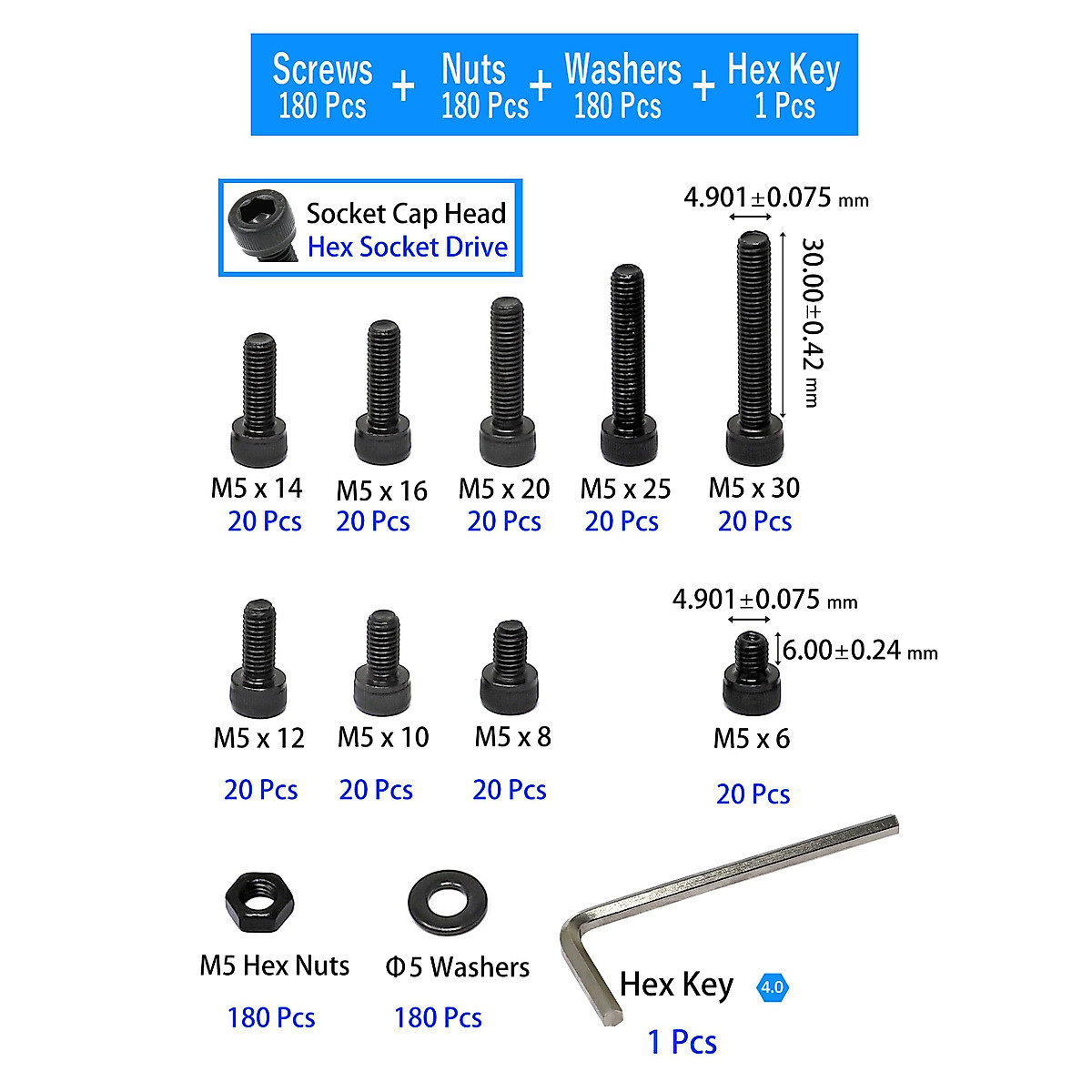 iexcell 540 Pcs M5 x 6/8/10/12/14/16/20/25/30 Alloy Steel 12.9 Grade Hex Socket Head Cap Screws Bolts Hex Nuts Washers Assortment Kit, Black Oxide Finish