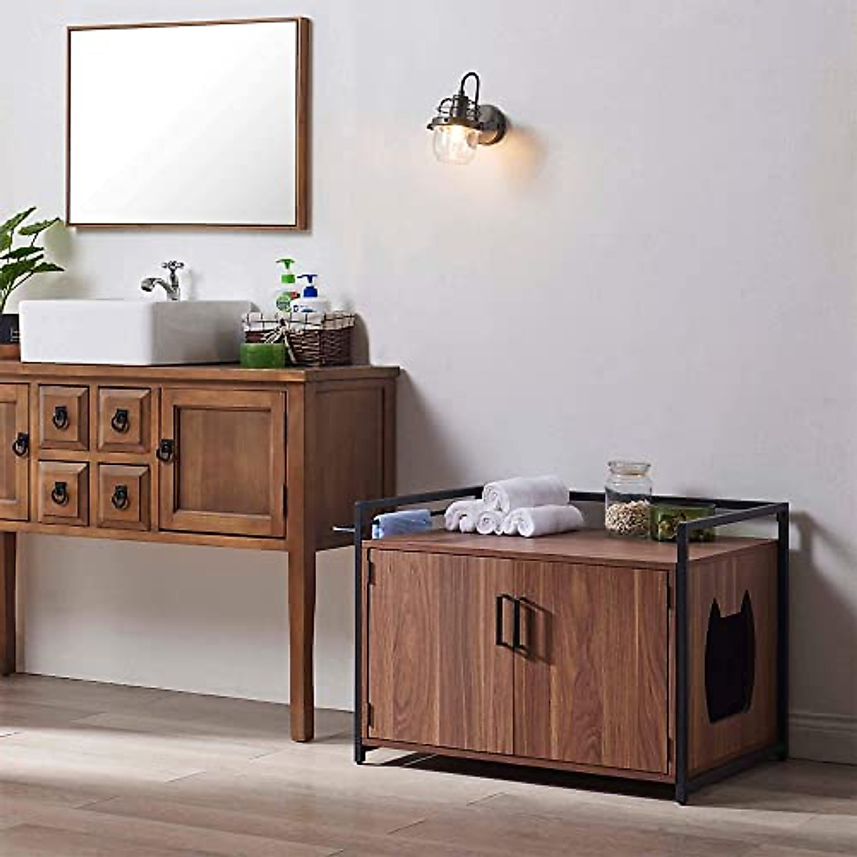 unipaws Cat Litter Box Enclosure with Metal Frame, Privacy Cat Washroom Bench, Litter Box Hidden, Pet Crate with Iron and Wood Sturdy Structure, Cat House Nightstand