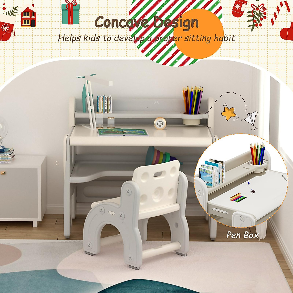 hoopyosms Kids Drawing Table and Chair Set with Erasable Tabletop & Watercolor Pens Toddler Furniture with Storage Shelf for Art, Reading & Play for Boys & Girls, Grey