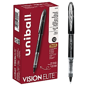 uni-ball Vision Elite Rollerball Pens Fine Point Micro Tip, 0.5mm, Black, 12 Pack