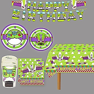 Light inspired Year Birthday Decorations Buzz Birthday Party Supplies include Banner Table Cloth Plate Napkins and Cups for Toy inspired Story 1st 2nd 3rd 4th 10th Bday,Serve 30 Guests