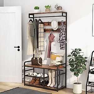 Livofloral Hall Tree Coat Rack with Storage, Entryway Hall Tree with 9 Hooks, Coat and Shoe Rack, Industrial Entryway Furniture with Shoe and Clothes Storage for Mudrooom, Rustic Brown