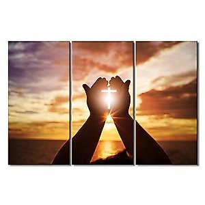 Jesus Hands Resurrected Paintings House Decorations Rest Room Catholic Pictures 3 Piece Canvas Wall Art Modern Artwork Home Decor Wooden Framed Gallery-wrapped Stretched Ready to Hang - 28" Wx42 H