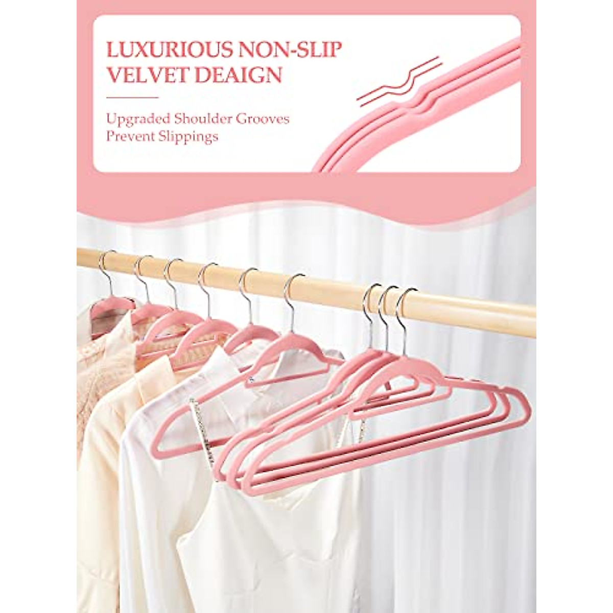 HOUSE DAY Velvet Hangers with Tie Bar 20 Pack Pink, Clothes Hangers Non-Slip, Space Saving Felt Hangers for Pants, Coat, Suits, Shirt, Scarf, No Hanger Marks