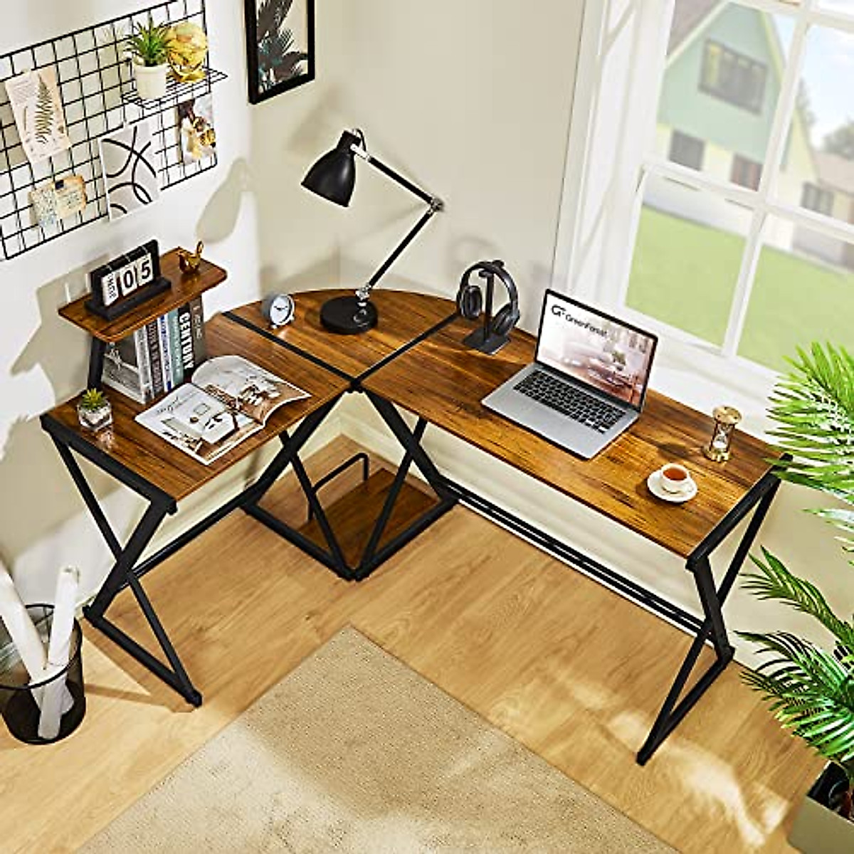 GreenForest L Shaped Desk 58” Reversible Corner Computer Desk with Movable Shelf and CPU Stand, Gaming Desk with Sturdy X Leg Space Saving Home Office Workstation Table, Walnut
