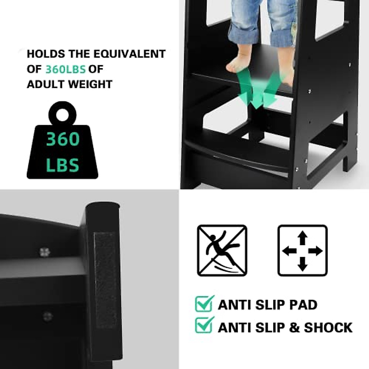 ECOMEX Standing Tower for Toddlers, Toddler Stool for Kitchen Counter Kids Kitchen Step Stool with Safety Rail Toddler Standing Tower with Adjustable Platform for Kitchen Counter, Classic Black