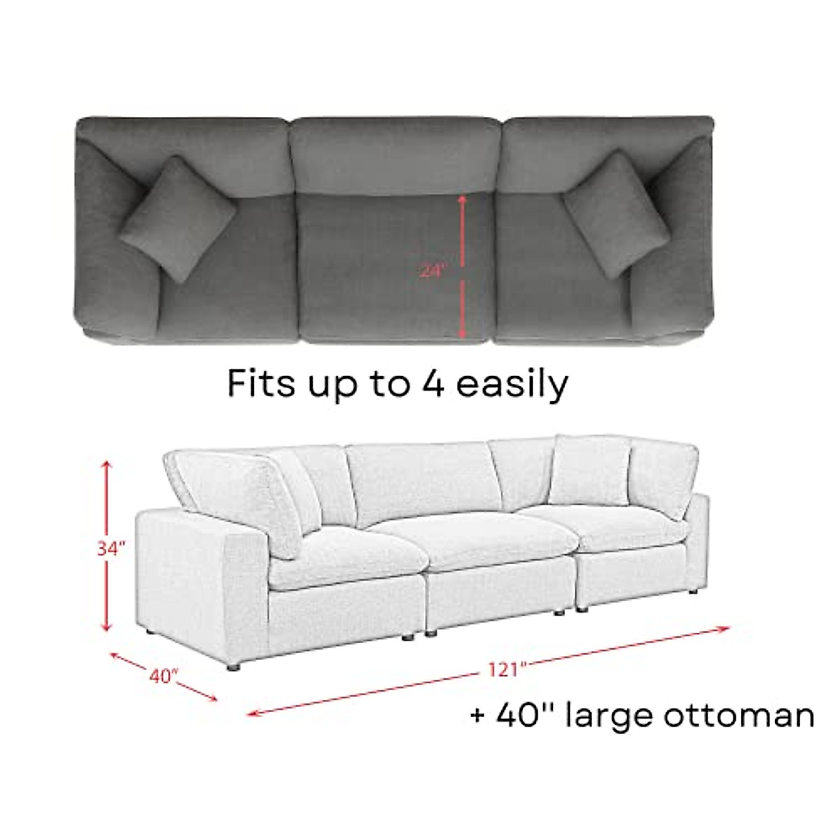 ASY Cloud Down Modular Sectional Sofa 121' L-Shaped Reversible Chaise Couch Feather - Low to Ground Modern Deep & Plush Seats (4-Piece (Corner Chair (2) + Armless (1) Ottoman (1), Natural), (CLD9)