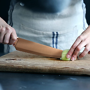 Knife Set Non Stick, Champagne Gold Knives Set with Acrylic Storage Block, 6 Pieces Sharp Knife Set, Stainless Steel Beautiful White Marbling Handle Rainbow Blade Kitchen Knife (Champagne Gold Blade)