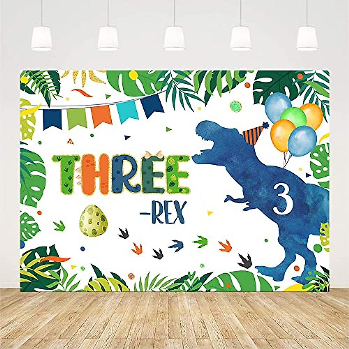 AIBIIN 7x5ft Dinosaur Three-rex Birthday Backdrop for Boy Happy 3rd Birthday Dinosaur Egg Balloon Confetti Photography Background 3 Years Old Party Decorations Supplies Banner Photo Shoot Studio Props