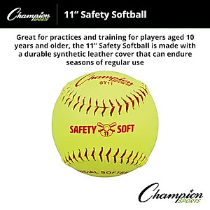 Champion Sports 11" Safety Softballs - Sponge Rubber Core - Syntex Leather Cover - Medium Compression - Pack of 12 - Level 10 (Ages 12+), Optic Yellow
