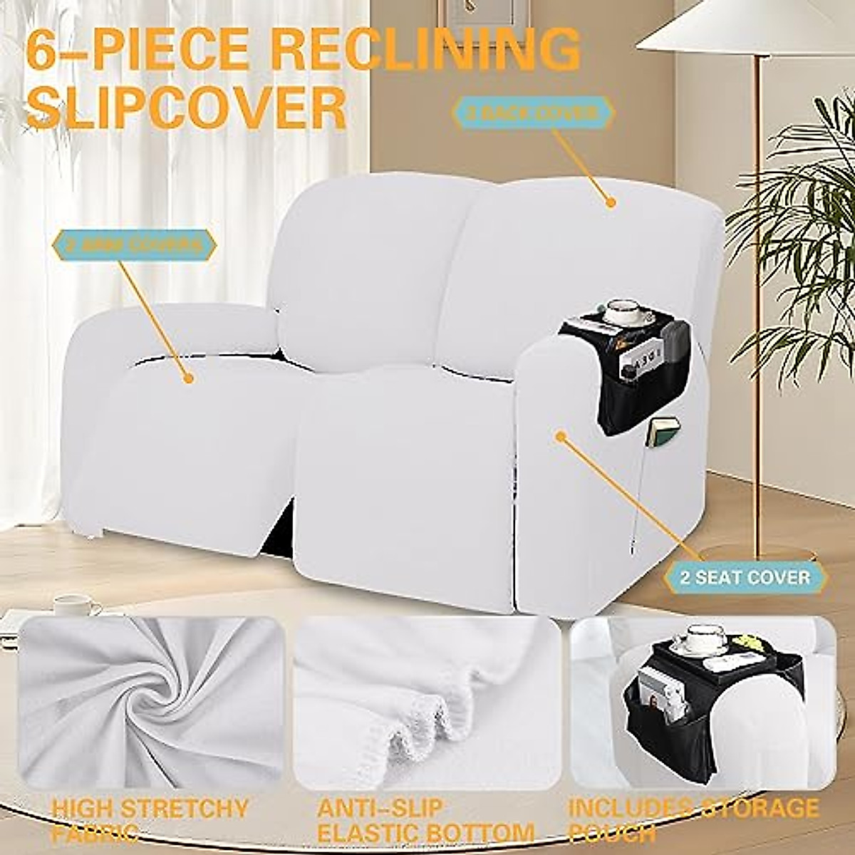 Auctus Loverseat Slipcovers, Waterproof Recliner Slipcovers, Velvet 6-Piece Set, Skin-Friendly Double Sofa Cover, Recliner Cover Waterproof and Washable, Armrest Storage Bag Included(Beige)