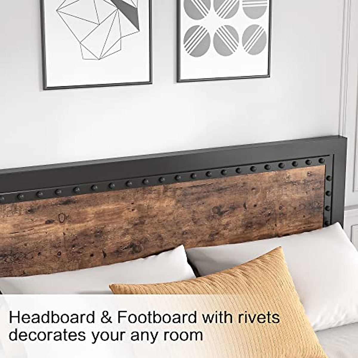 Keyluv King Size Bed Frame with 4 Storage Drawers, Rivet Modern Headboard and Footboard Platform Bed with Solid Wood Slats Support, No Box Spring Needed, Metal Frame Mattress Foundation Noise-Free