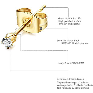 14K Gold Plating Tiny 3MM CZ Stud Earrings Micro 20G Cartilage Piercing Ear Studs Mini Cubic Zirconia Post Earrings for Women&Men…