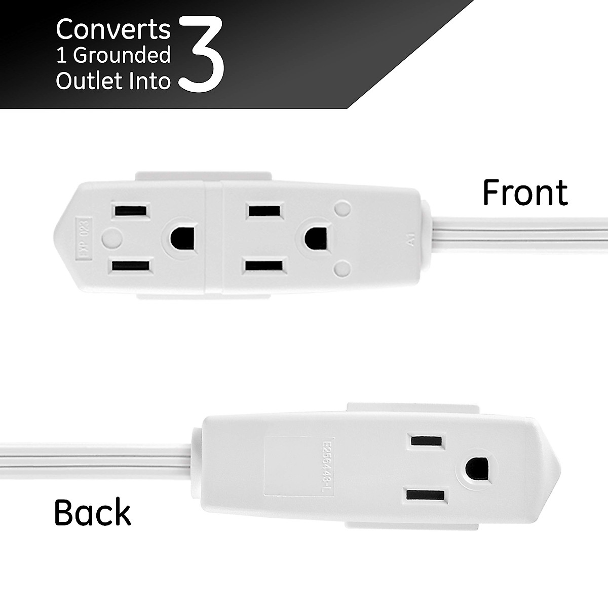 GE 3-Outlet Flat Extension Cord 15 Ft Grounded Extension Cord with Multiple Outlets 3 Prong Outlet Extender Flat Plug Power Strip Indoor Extension Cord 16 Gauge UL Listed White 56986
