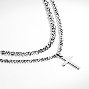 SENRAN Layered Cross Necklace for Men Boys Stainless Steel Layered Cuban Link Chain 16-24 inch Christian Cross Pendant Religious Jewelry Gifts(S-18-20)
